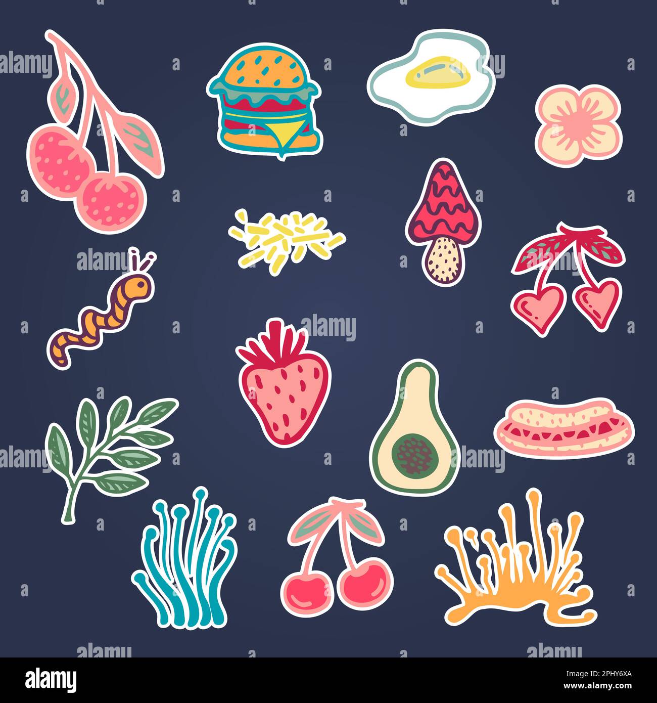 Collection stickers of groove psychedelic food elements. Retro design ...