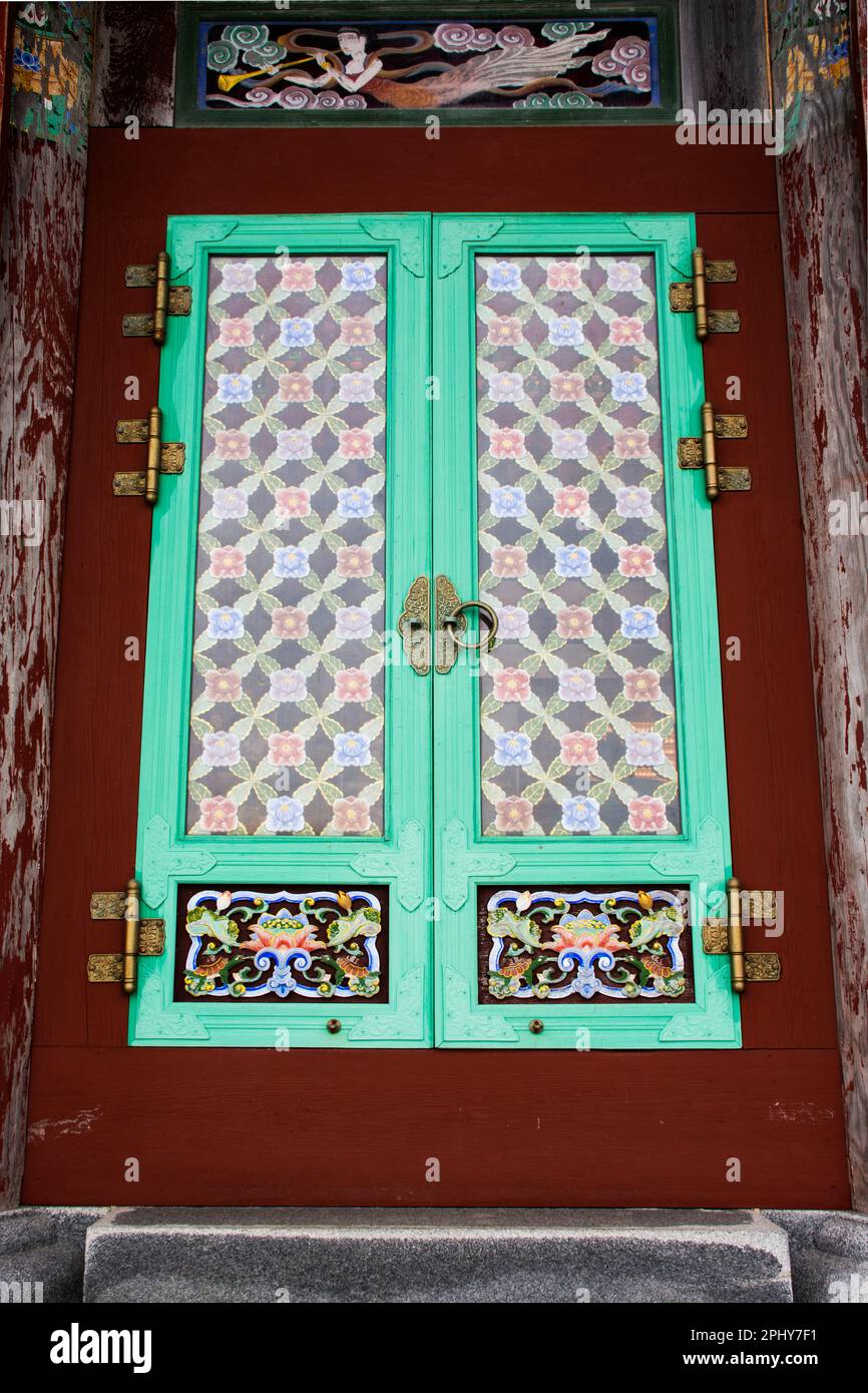 Carving art wooden window and antique wood door in ancient korean ...