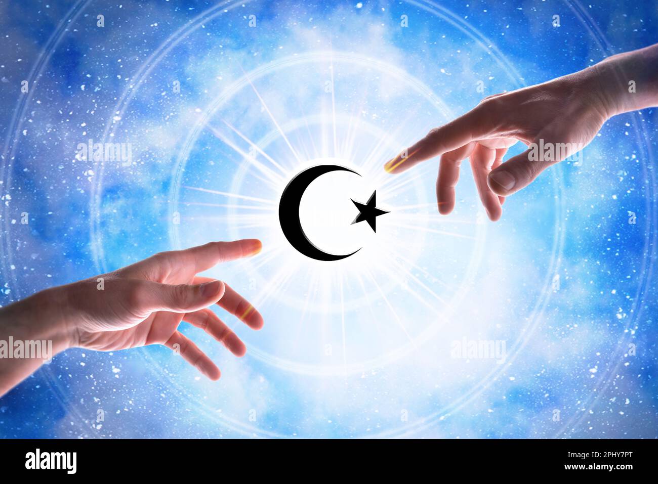 Hands pointing islamic symbol with concentric circles with a flash of ...
