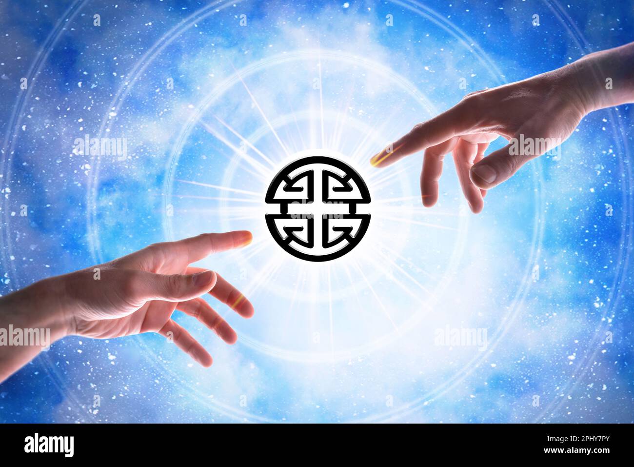 Hands pointing shenist symbol with concentric circles with a flash of ...