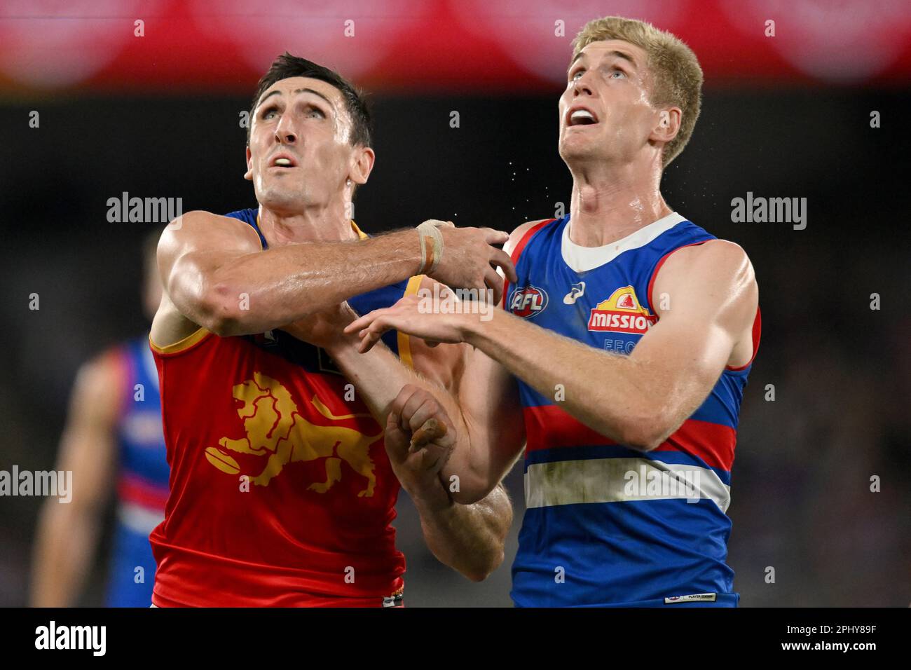 Oscar McInerney of the Lions and Tim English of the Bulldogs compete in ...