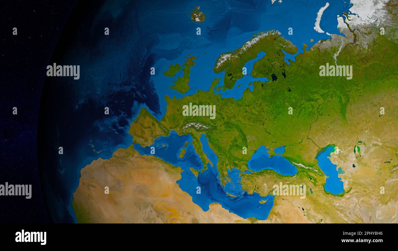 Earth globe zoomed and focused on Europe continent. Day side of Earth ...