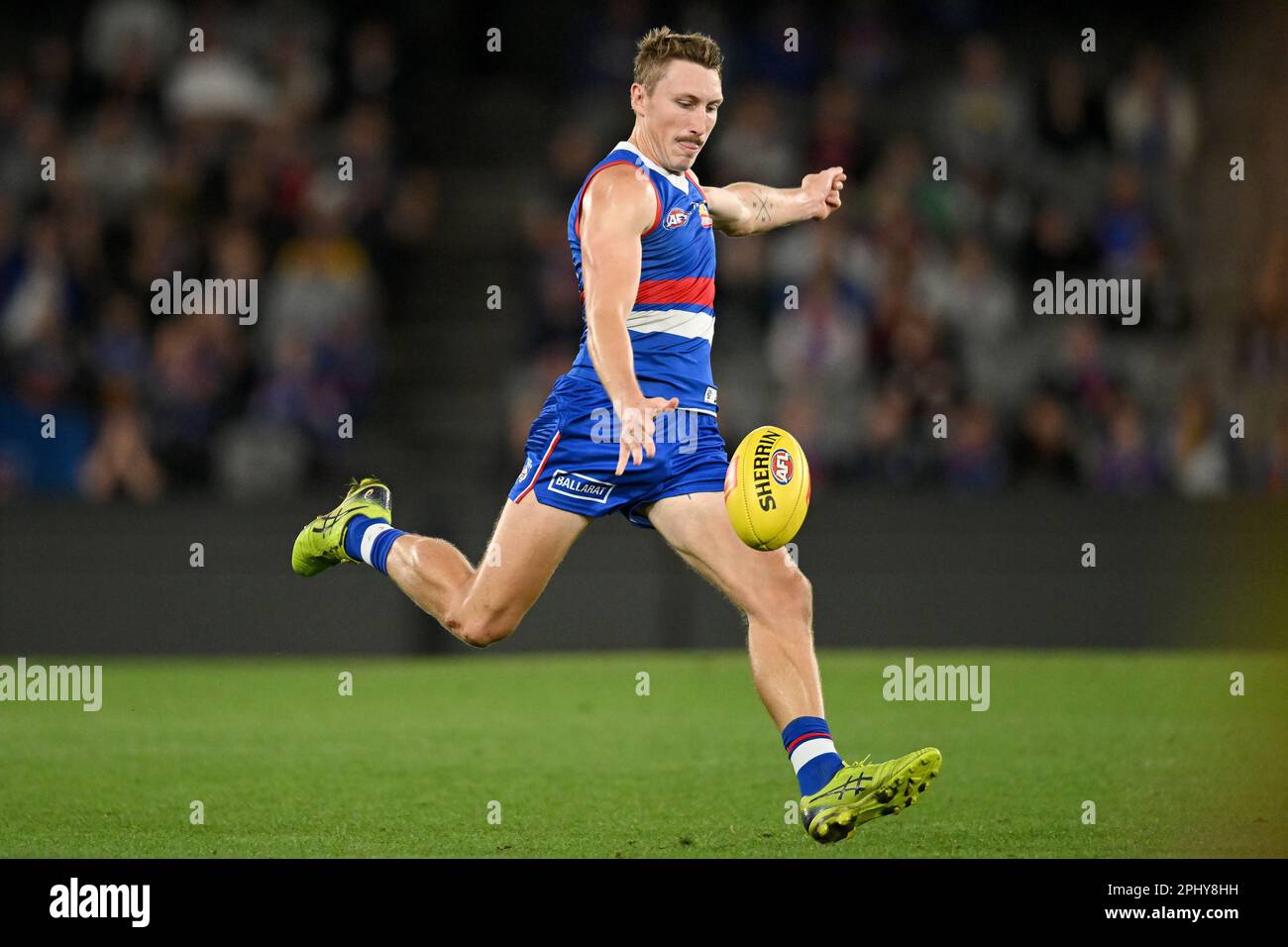 Bailey Dale of the Bulldogs kicks the ball during the AFL Round 3 match ...
