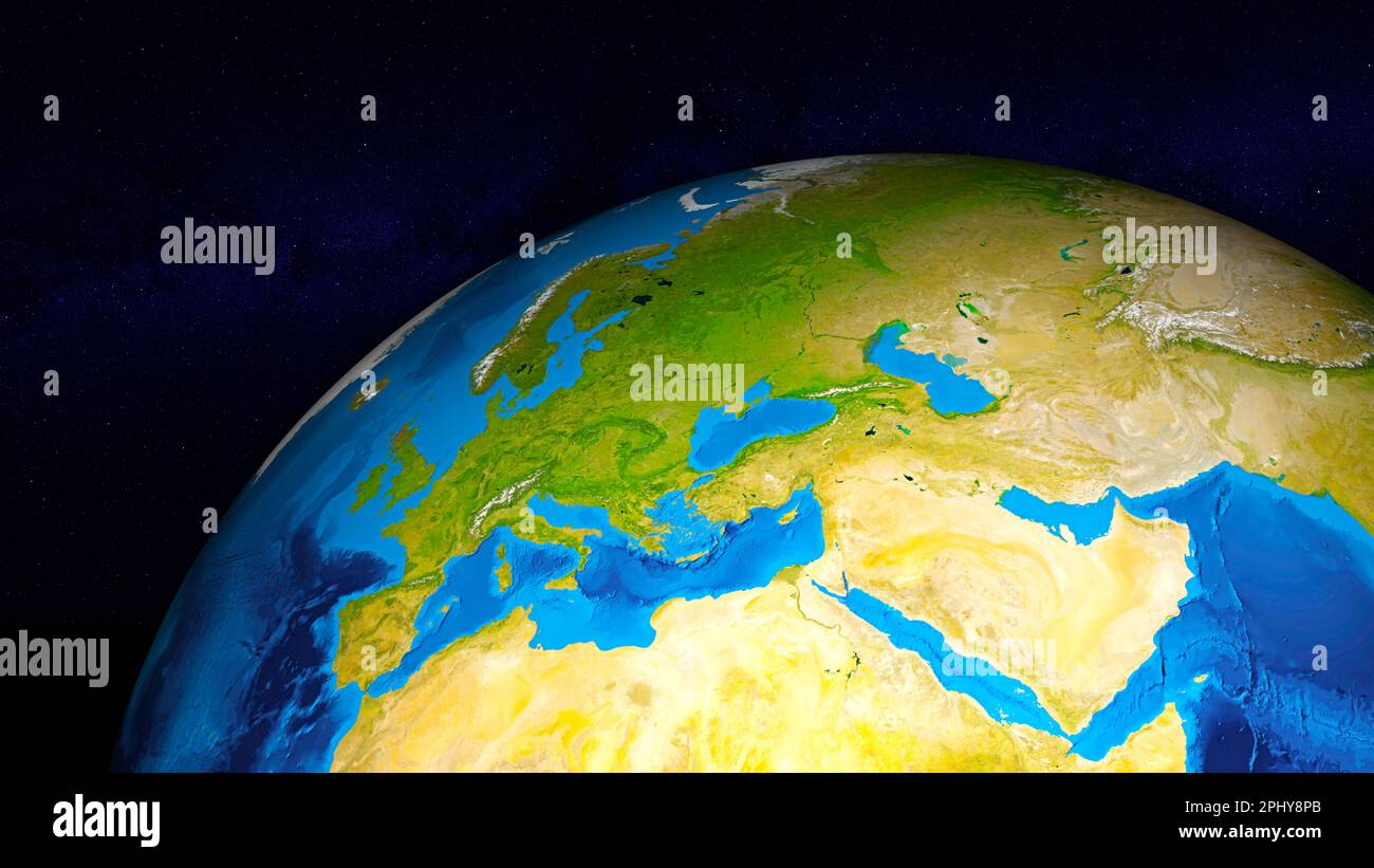 Earth globe zoomed and focused on Europe and Middle East. Day side of ...
