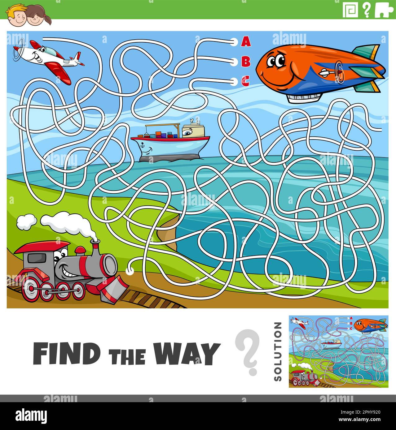 Cartoon illustration of find the way maze puzzle game with vehicle ...