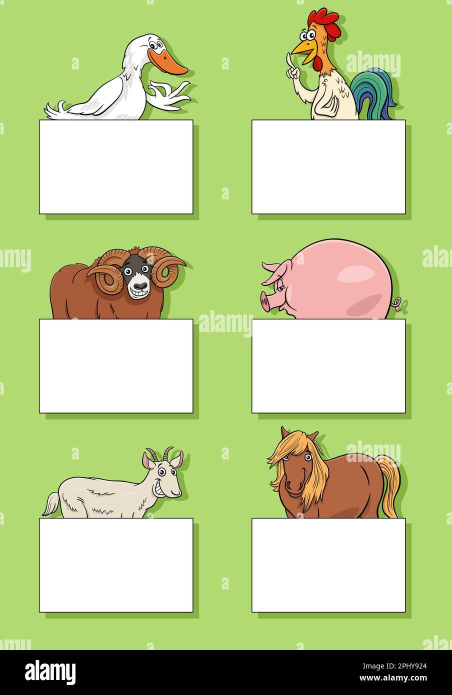 Cartoon illustration of funny farm animals with white cards or banners ...