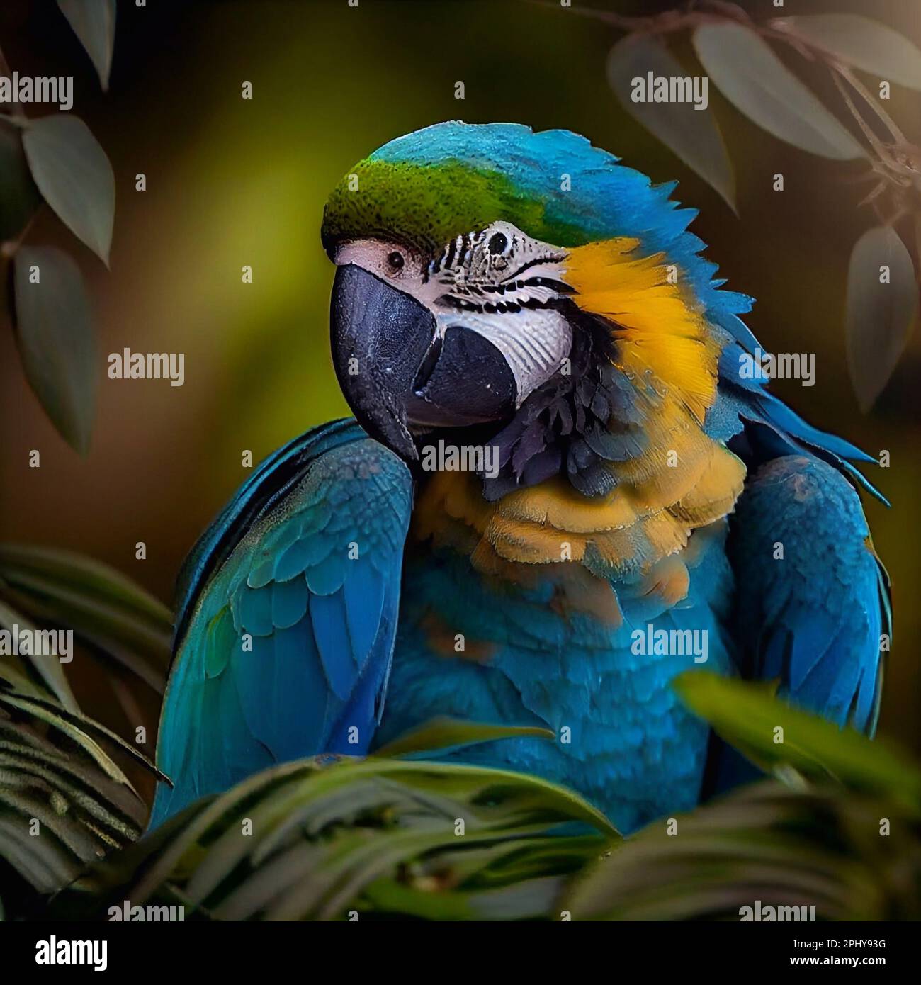 Macao parrot sits on a branch, Macaw in tropical forest. Wildlife scene ...