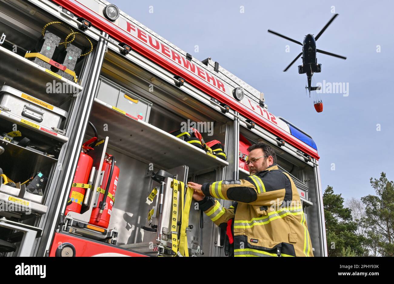 30 March 2023, Brandenburg, Müncheberg: An AS 332 Super Puma helicopter ...
