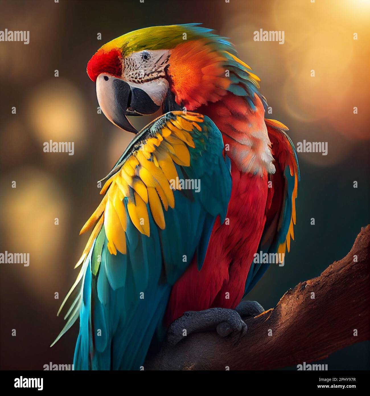 Macao parrot sits on a branch, Macaw in tropical forest. Wildlife scene ...
