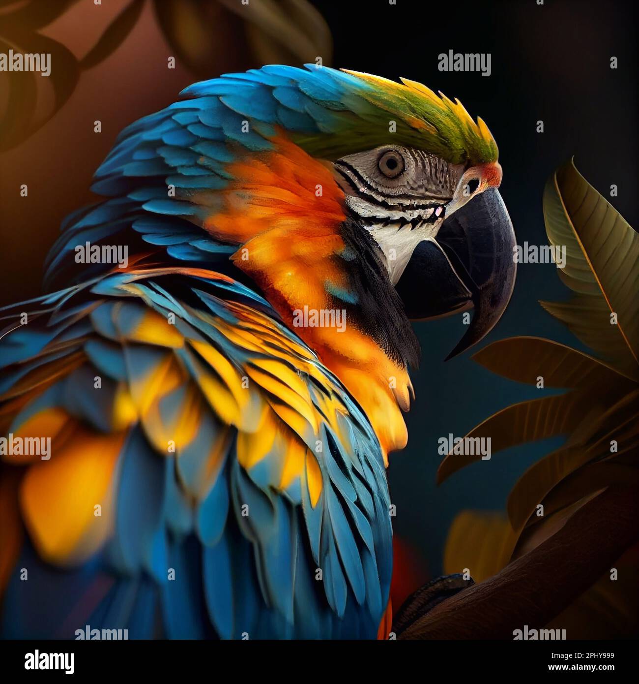 Macao parrot sits on a branch, Macaw in tropical forest. Wildlife scene ...