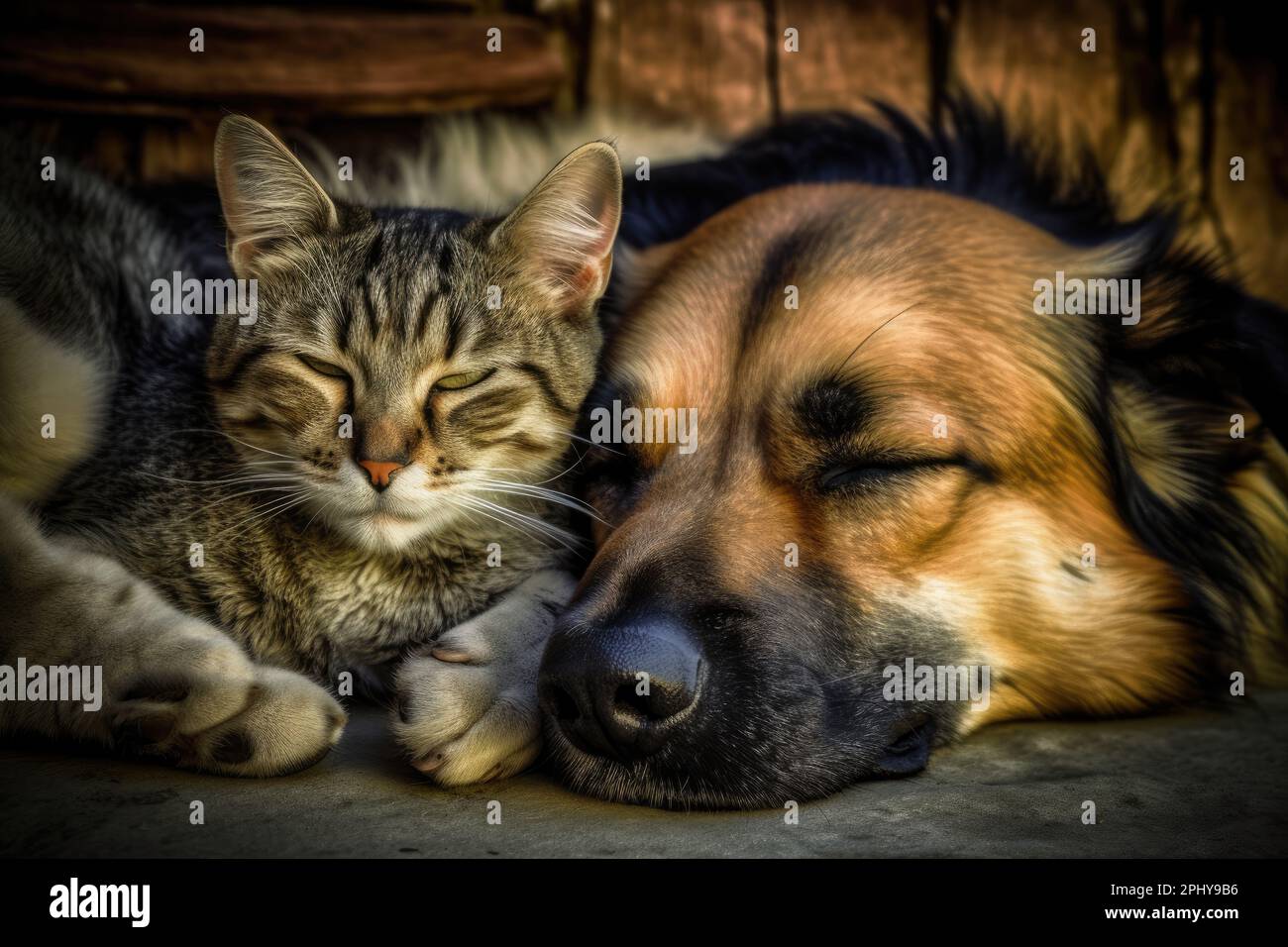 Two unlikely companions, a dog and a cat, sleeping peacefully together ...