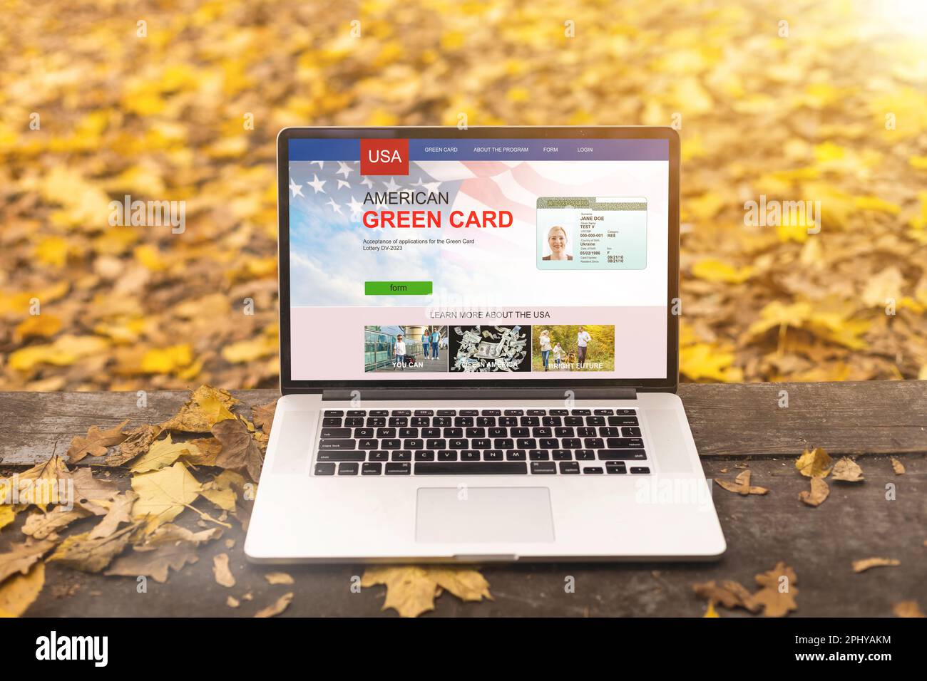 laptop with green cards Application Stock Photo - Alamy