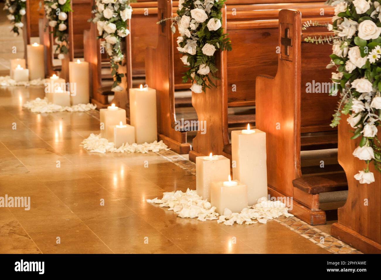 Catholic Temple Decorated With Flowers And Candles For Wedding Stock ...
