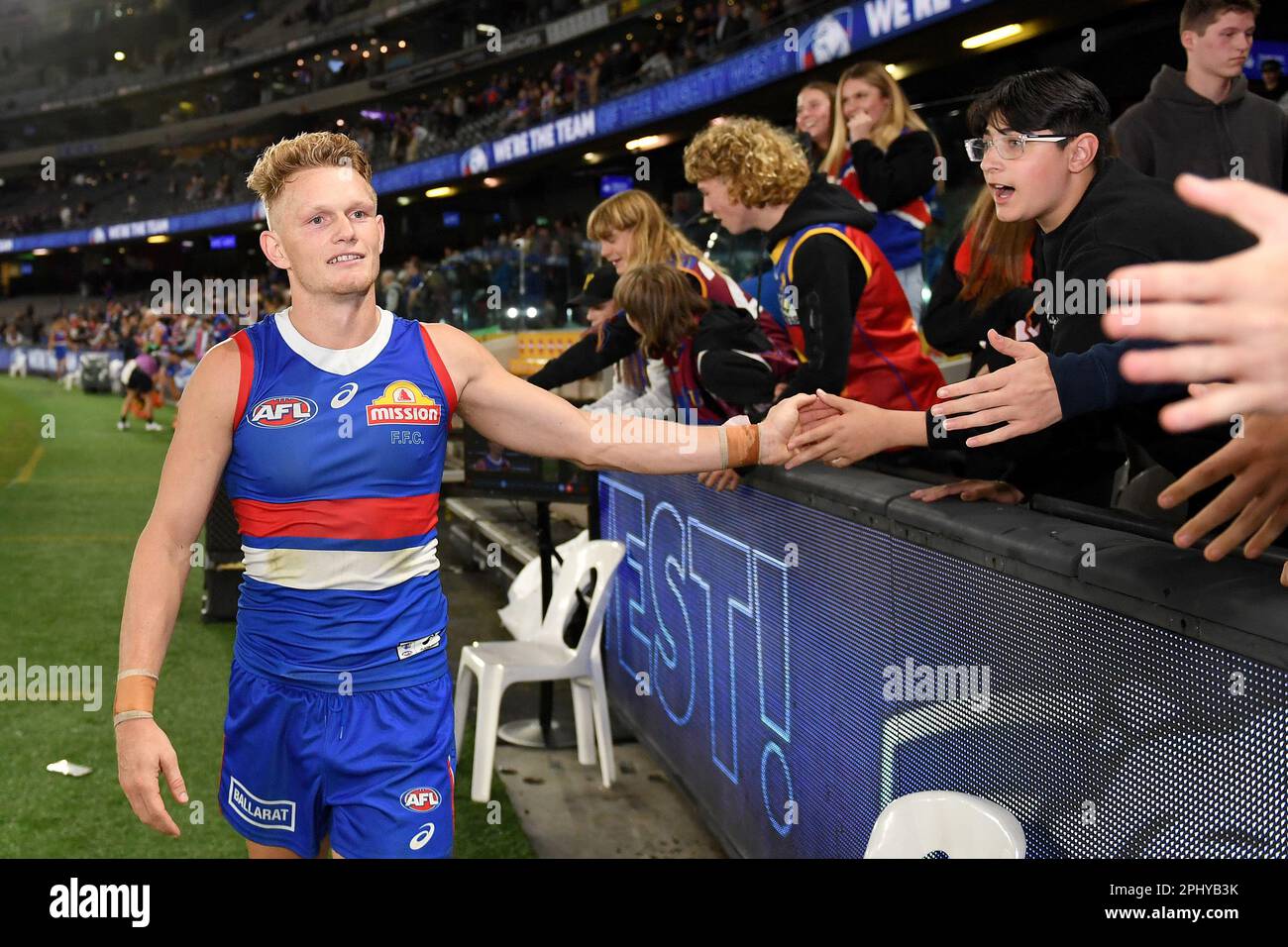 Adam Treloar of the Bulldogs greets fans following the AFL Round 3 ...