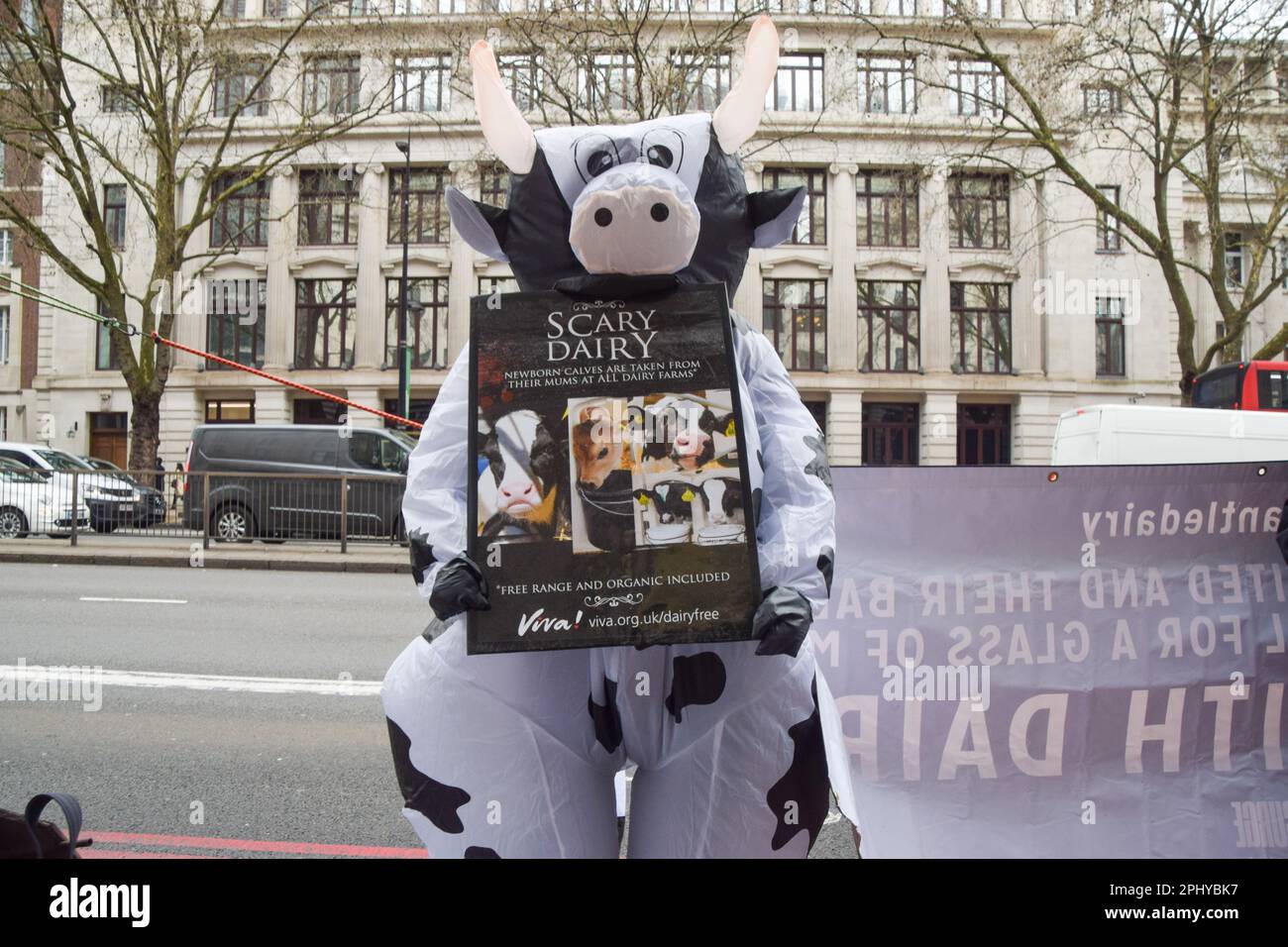 London, UK. 29th March 2023. Animal rights activists holding anti-dairy ...