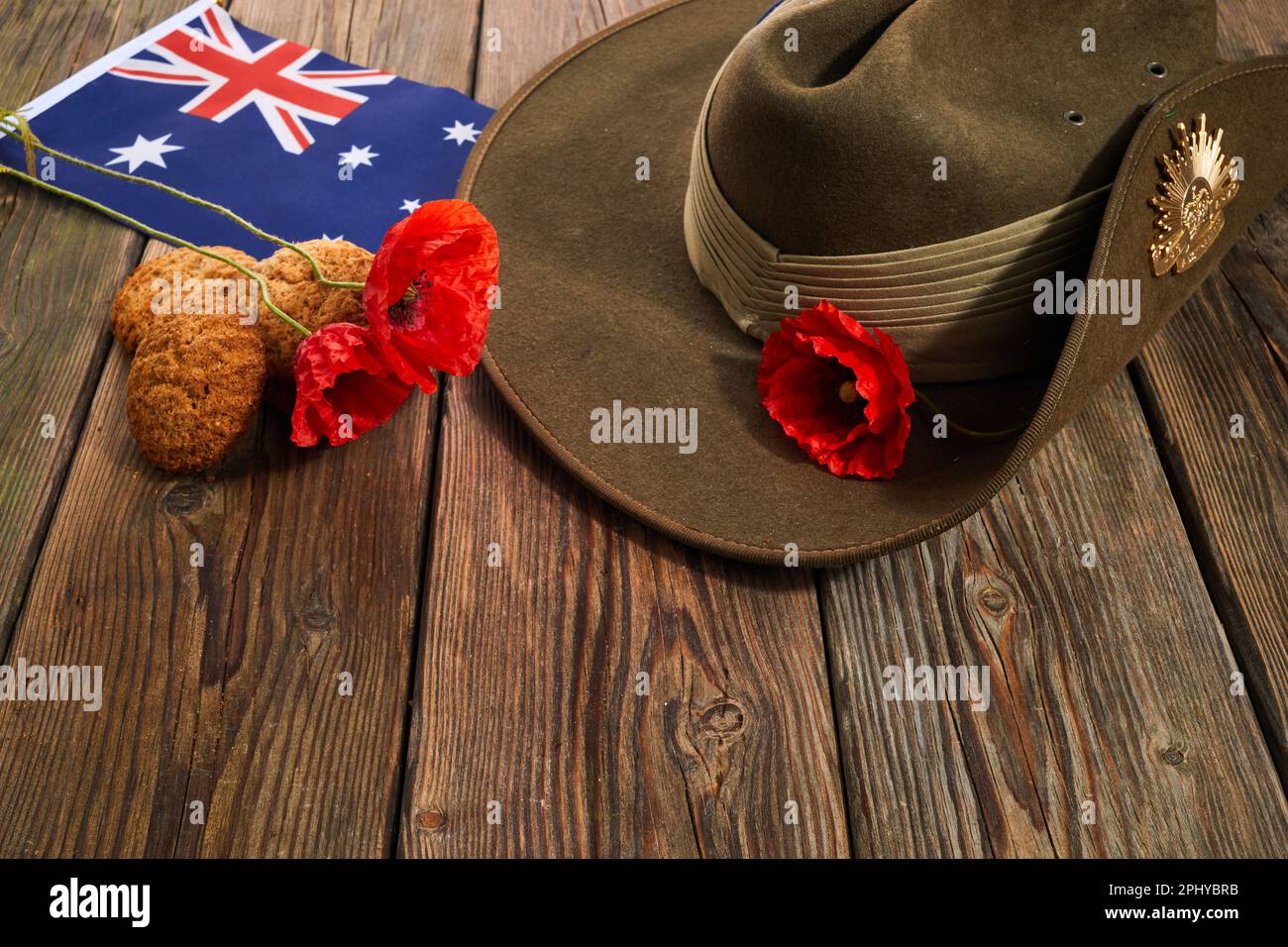 Australian Anzac Day Australian Army Slouch Hat Red Poppy And Traditional Anzac Biscuits On