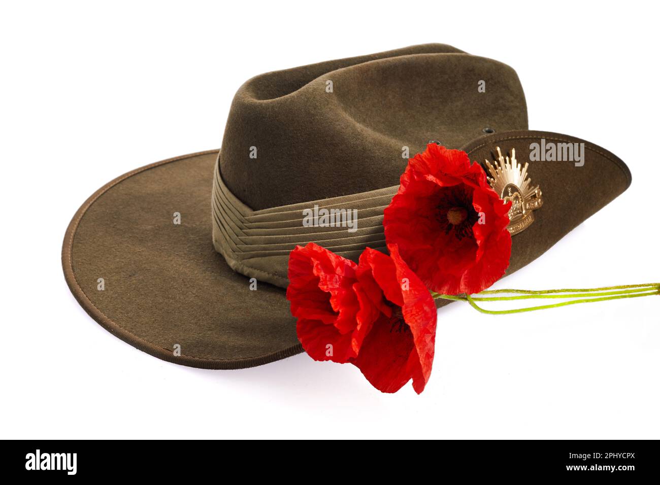 Anzac Day army slouch hat with red poppy isolated on white background ...