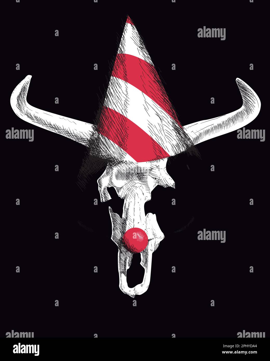 vector illustration of a horned skeleton with a clown hat and nose on a ...