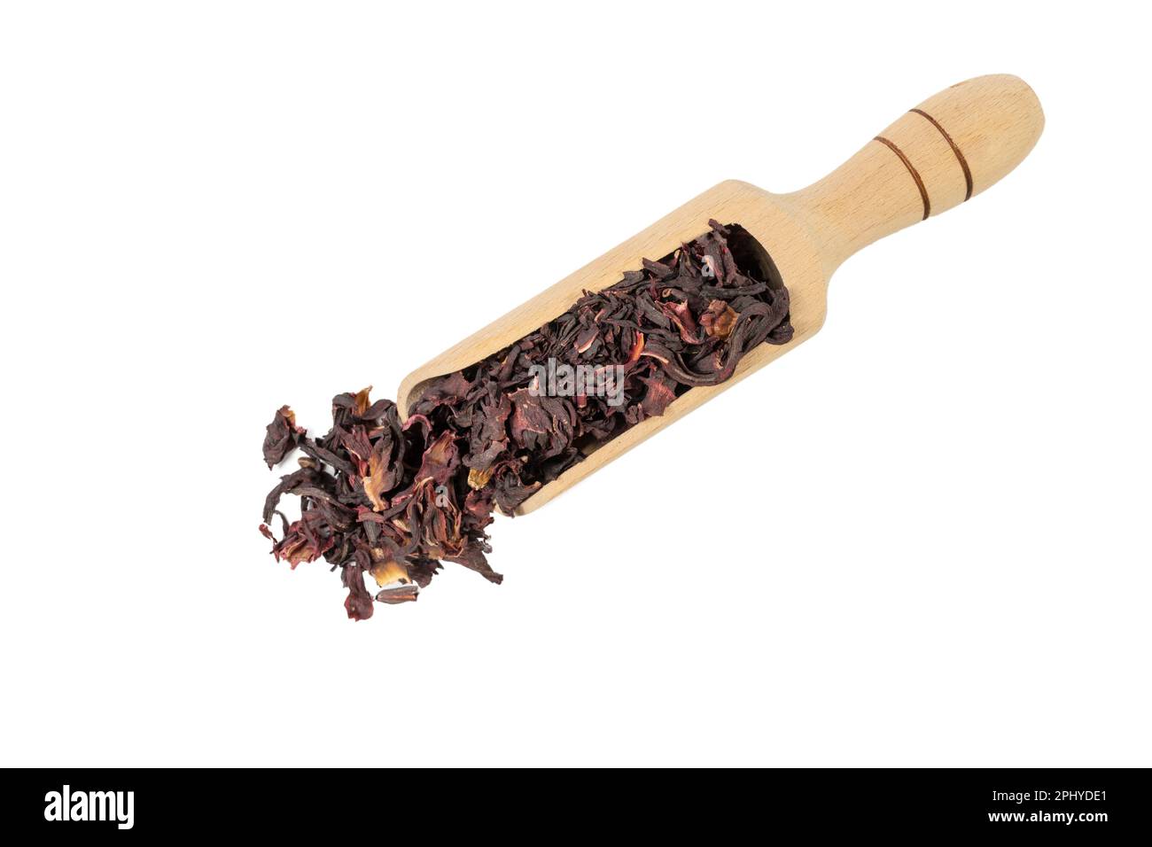 Dry hibiscus tea in wooden scoop isolated on white background. herb. herbal tea. food ingredient ...