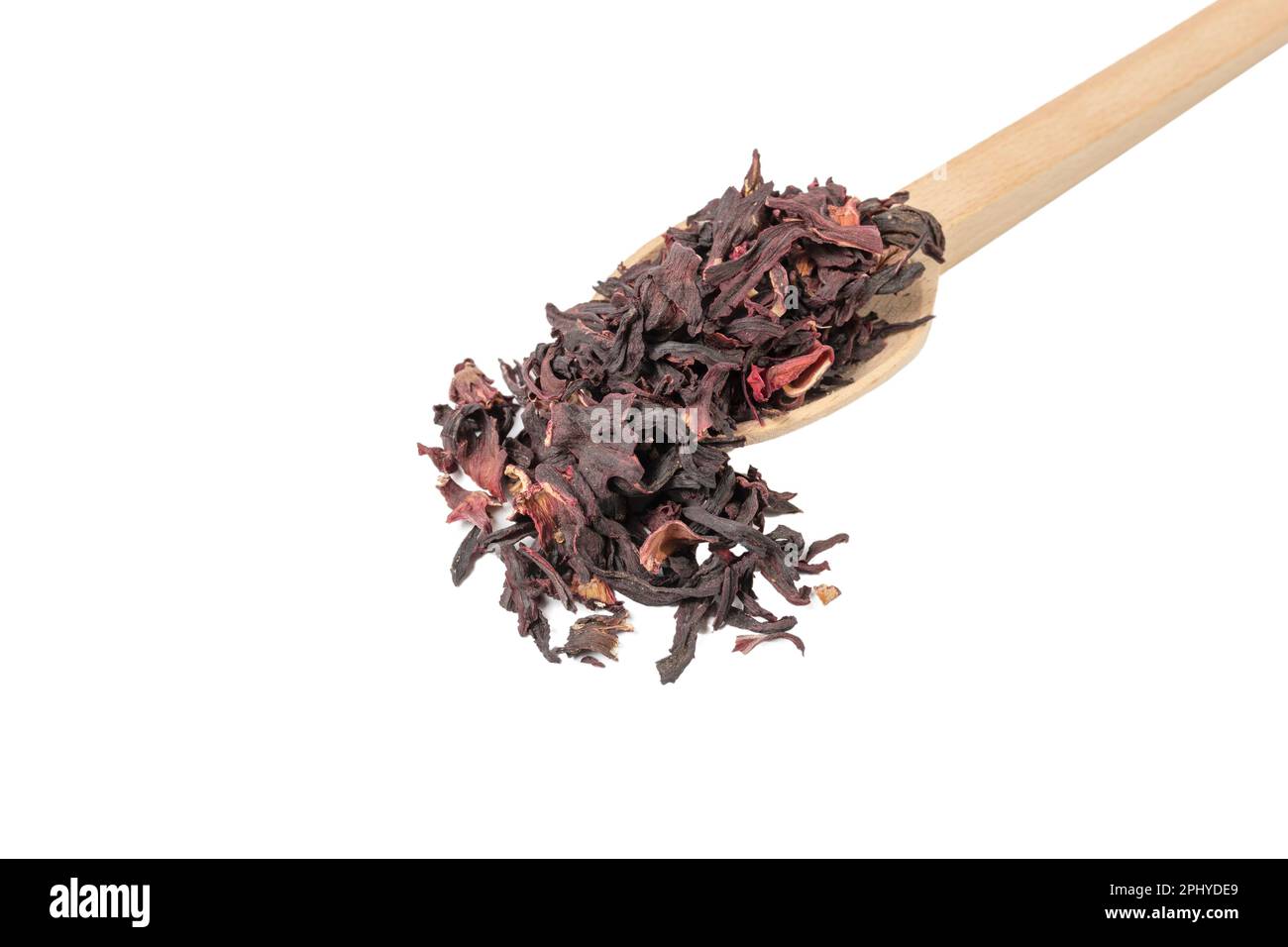 Dry hibiscus tea on wooden spoon isolated on white background. herb. herbal tea. food ingredient ...