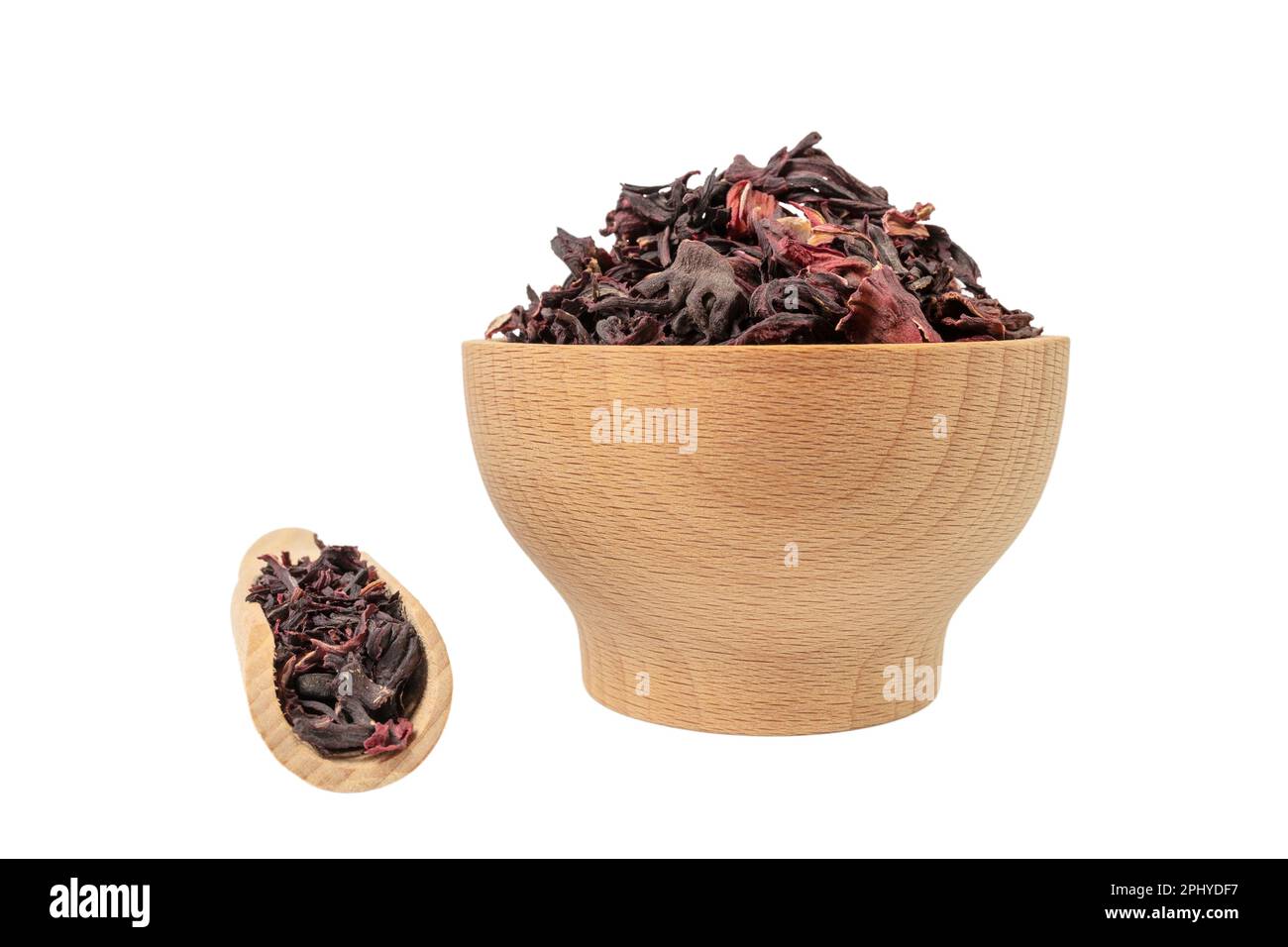 Dry hibiscus tea in wooden bowl and scoop isolated on white background. herb. herbal tea. food ...