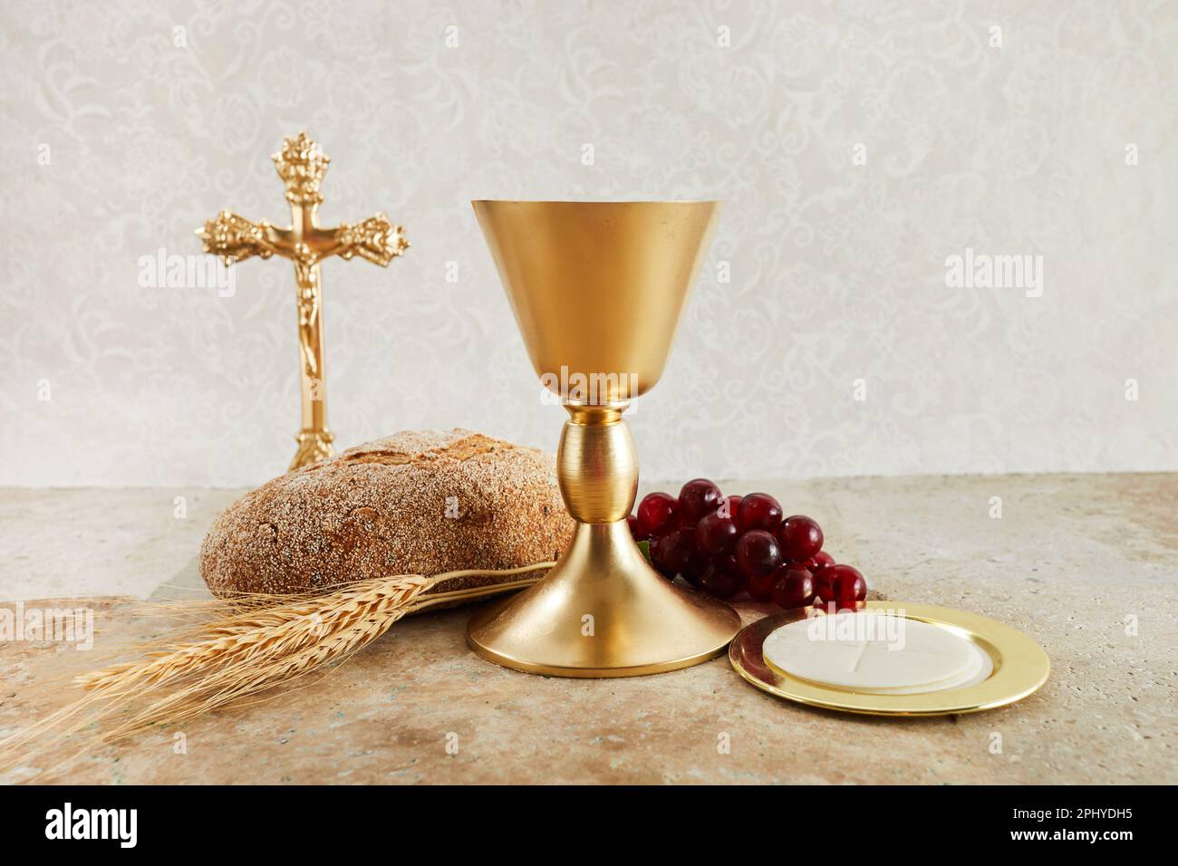 Easter Communion Still life with chalice of wine and bread Stock Photo ...
