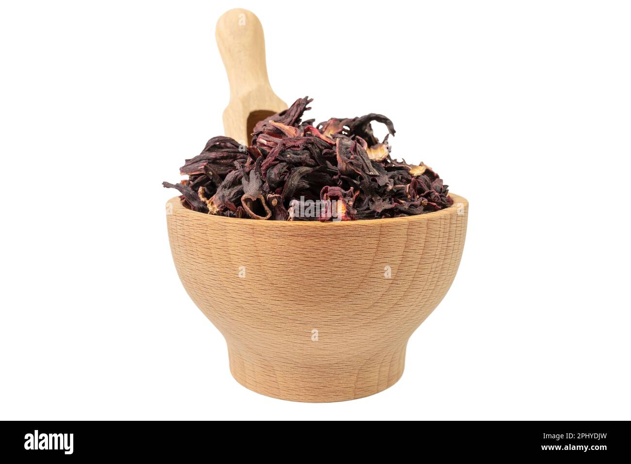 Dry hibiscus tea in wooden bowl and scoop isolated on white background. herb. herbal tea. food ...
