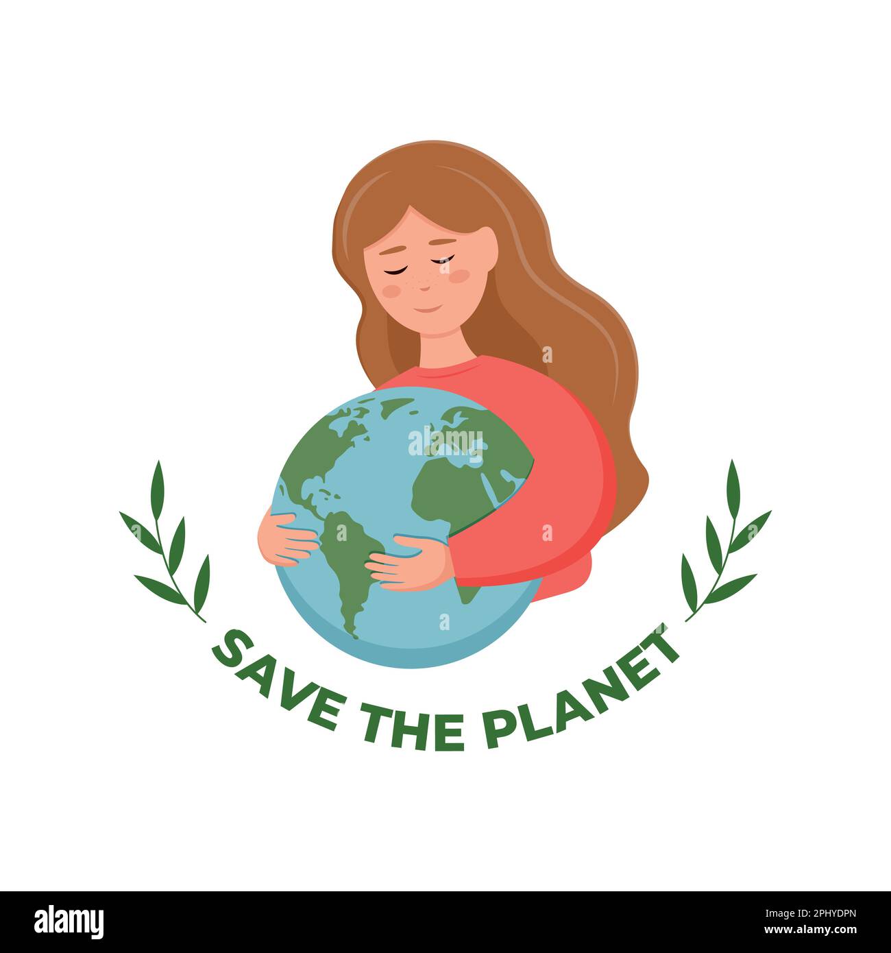 Let's save the planet. Cute girl hugs the planet Earth. Environment ...