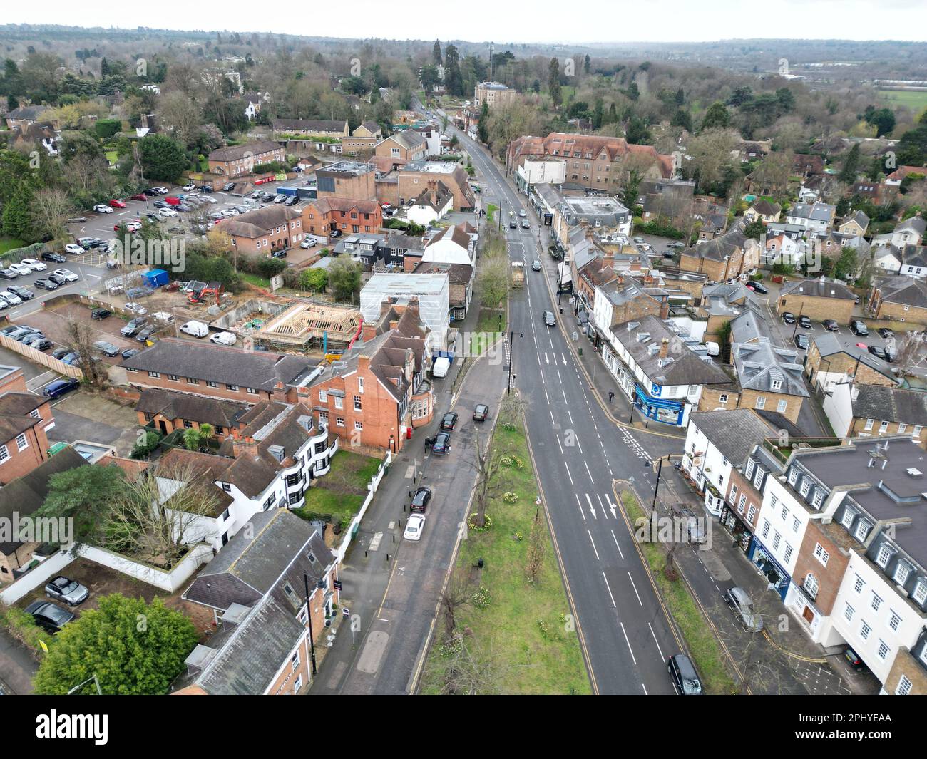 Esher town centre Surrey UK drone aerial view Stock Photo - Alamy