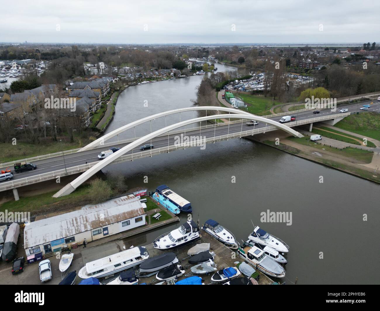 Walton bridge across River Thames England drone aerial view Stock Photo ...