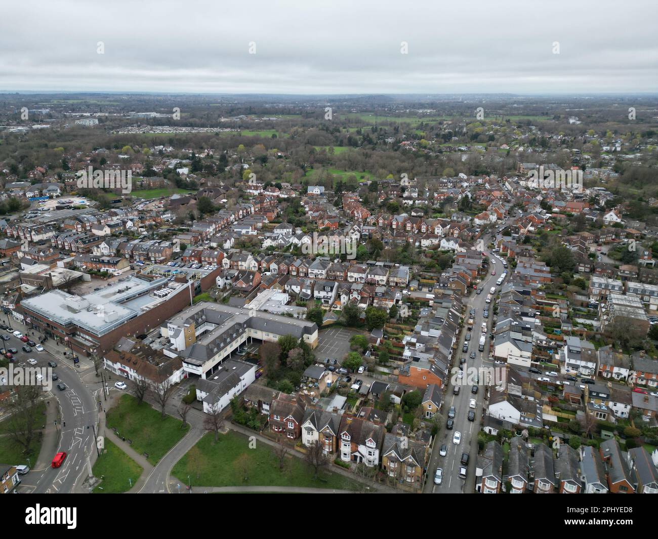 Weybridge town centre Surrey UK Drone, Aerial, high angle view Stock ...