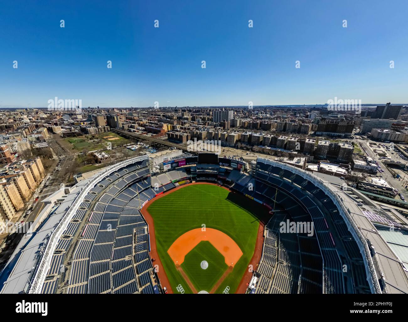 An aerial view of the iconic New York Yankees Stadium, home of the ...