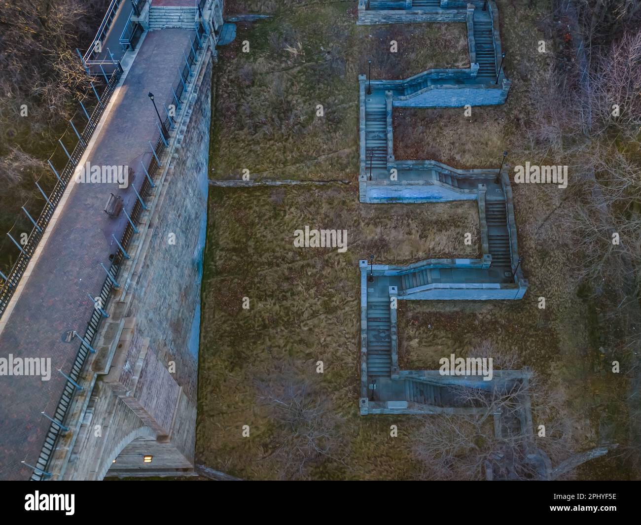 An aerial view of the Highbridge walkway and zigzag steps on the banks ...