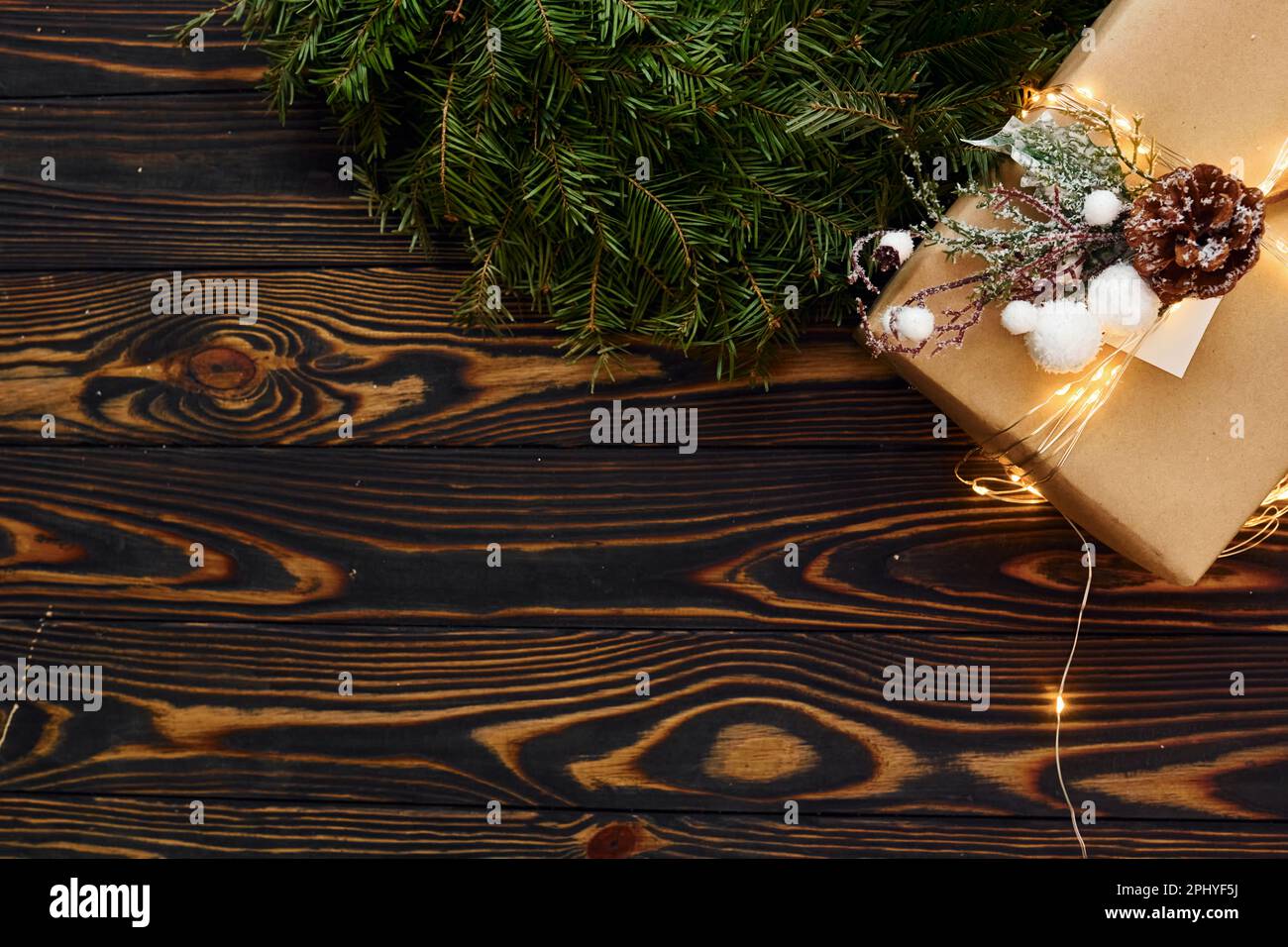 Gift boxes lying on the table. Top view of christmas festive texture ...