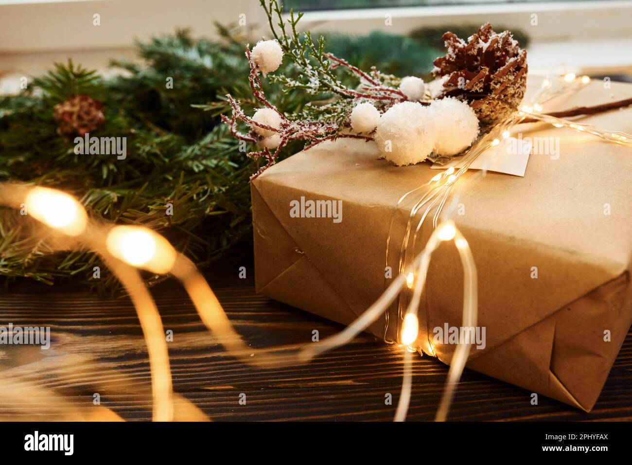 Gift boxes lying on the table. Top view of christmas festive texture ...