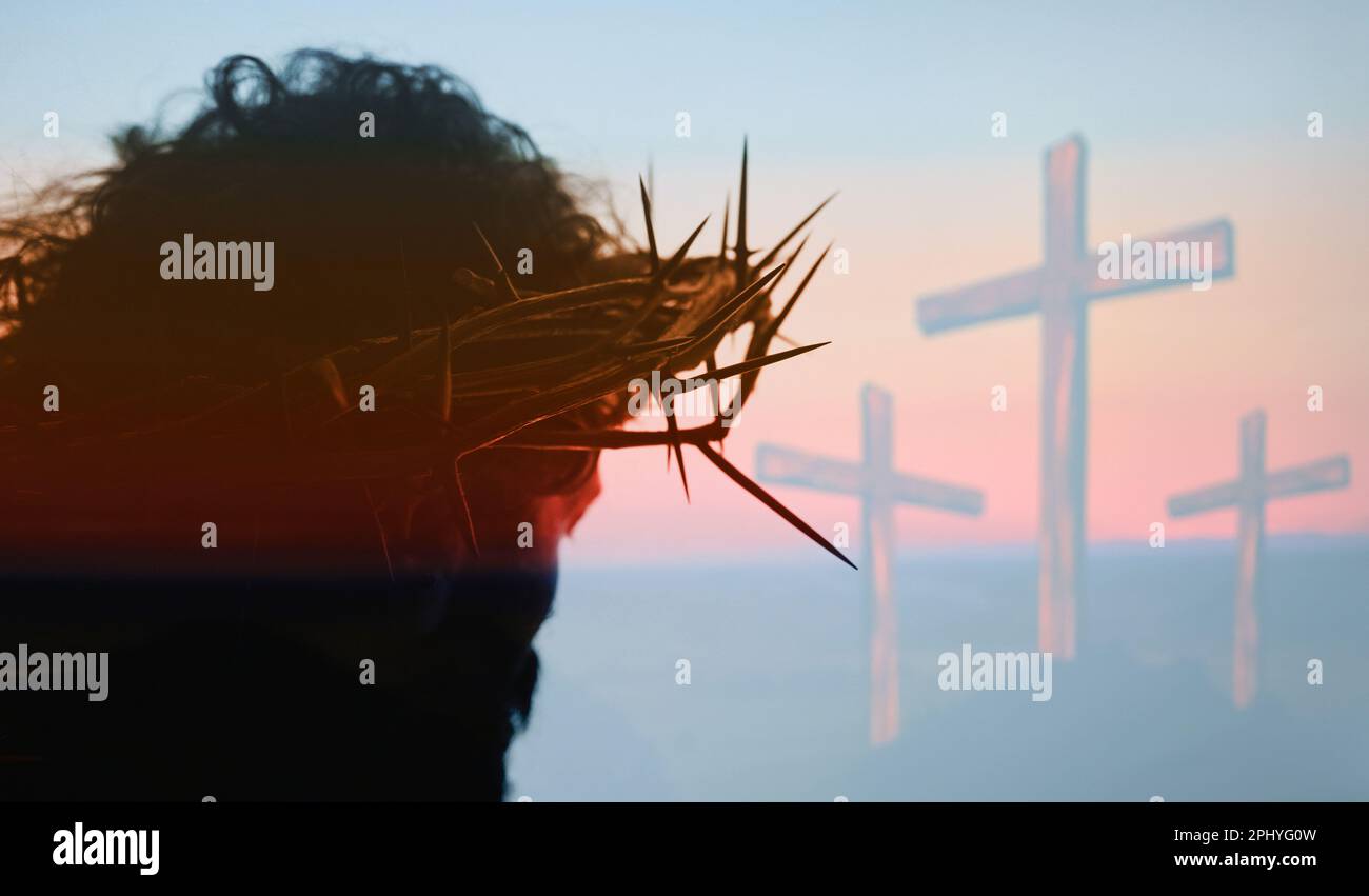 Jesus Christ Portrait with crown of thorns and Three Crosses On Calvary Hill Stock Photo - Alamy