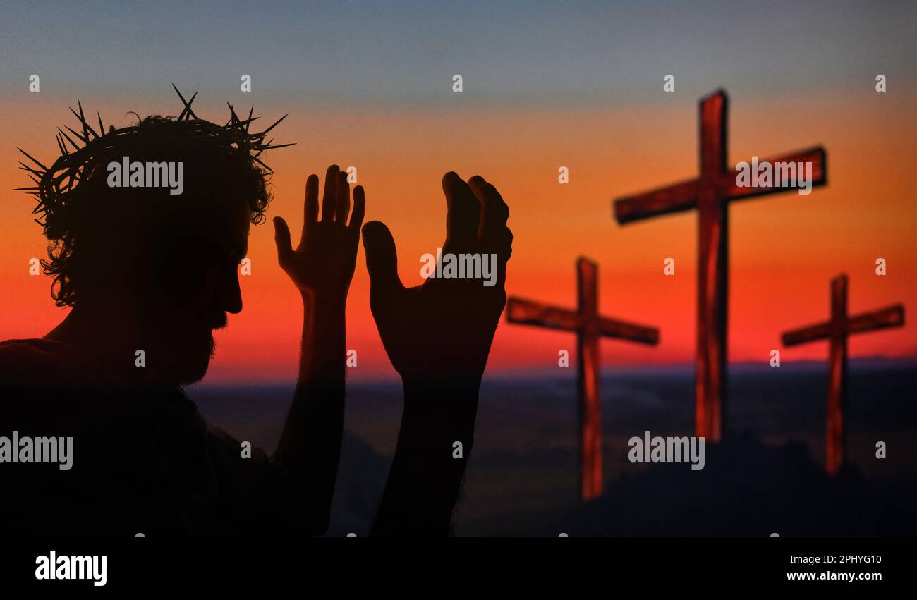 Jesus Christ Portrait with crown of thorns and Three Crosses On Calvary ...