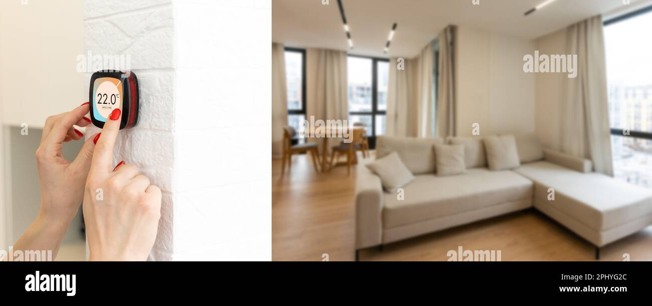 Smiling Indian woman using modern smart home system, controller on wall ... Smiling Indian woman using modern smart home system, controller on wall ...