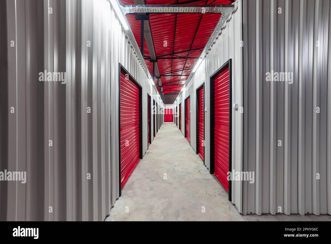 Corridor of self storage unit with red doors. Rental Storage Units ...