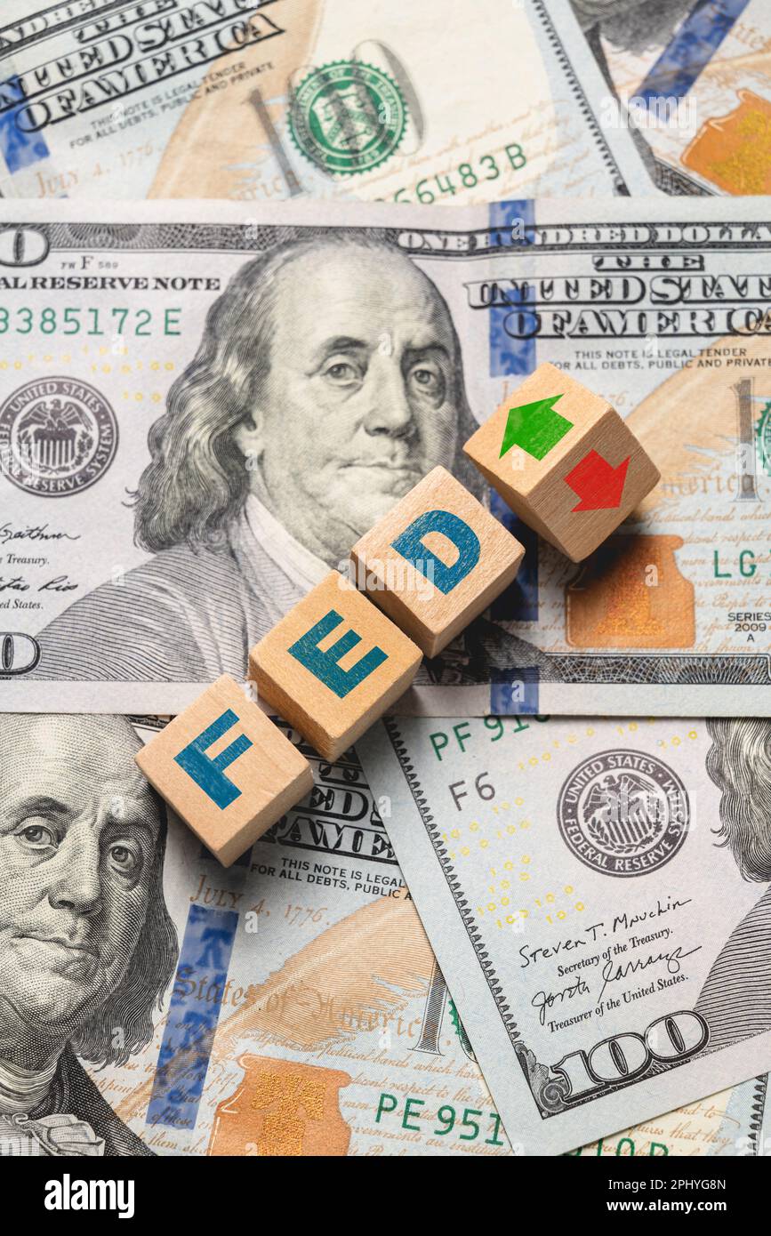 Wooden cubes with FED and up-down arrows over 100 usd. Fed rate hike ...