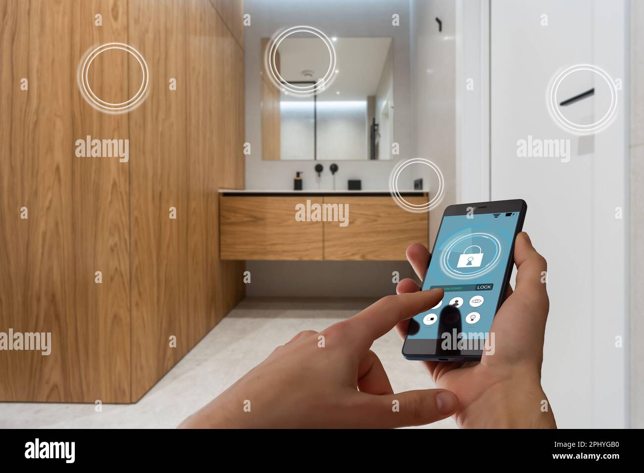 smart house, home automation, device with app icons. woman uses his ...