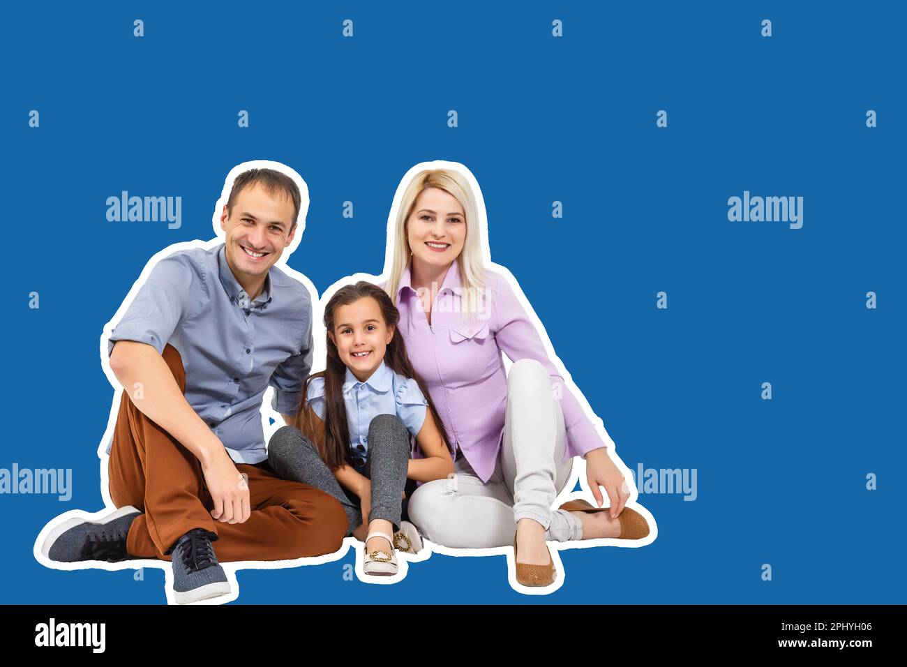 Happy family on a blue background Stock Photo - Alamy