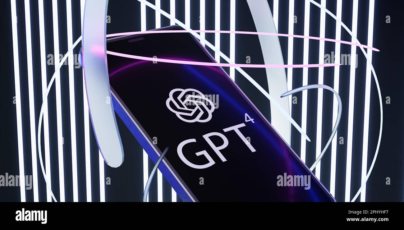 Minsk, Belarus, 30 March 2023: Phone with Chat GPT 4 of Open AI logo in ...