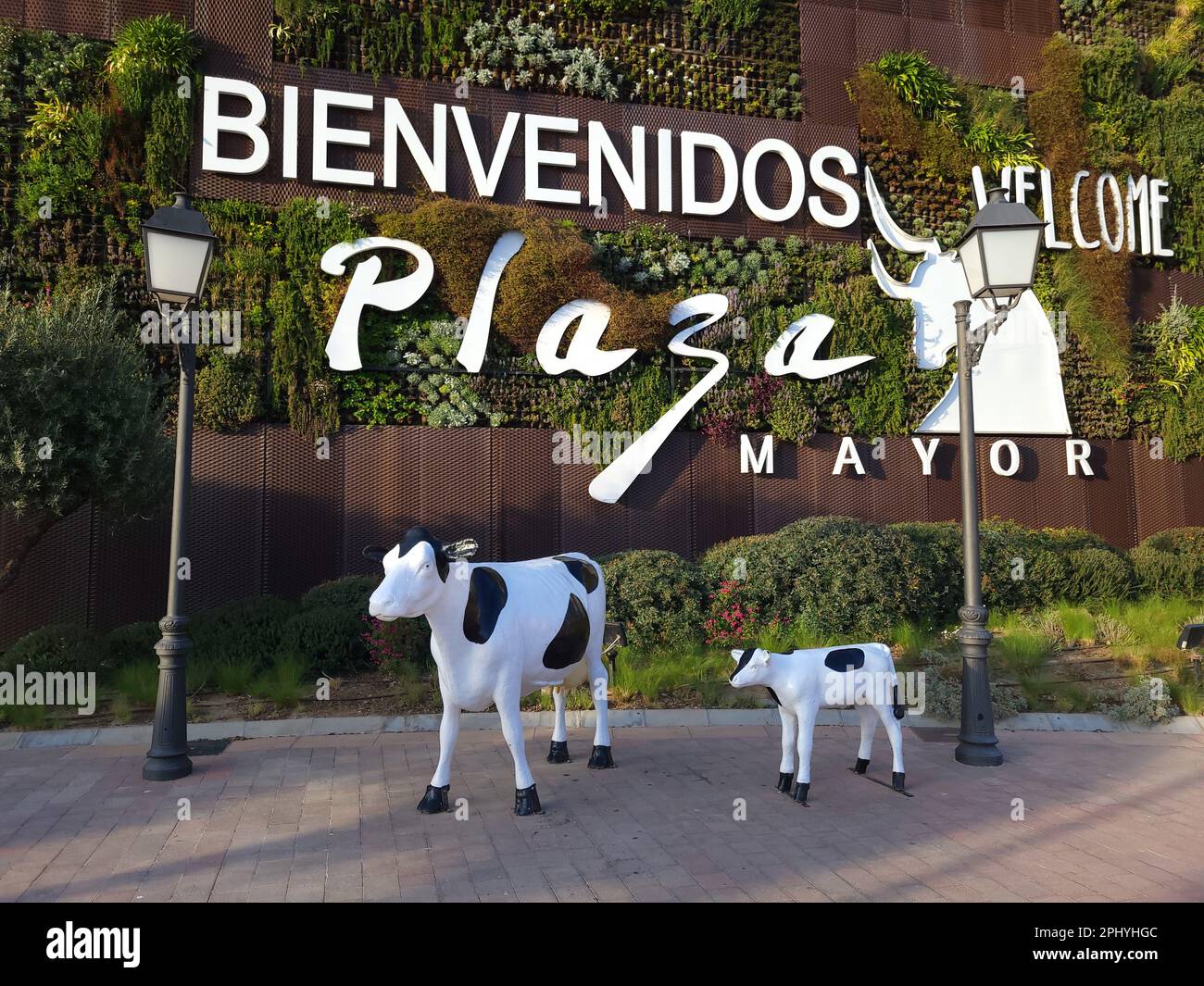 Decorative cows in front of a vertical garden at the entrace of Plaza ...