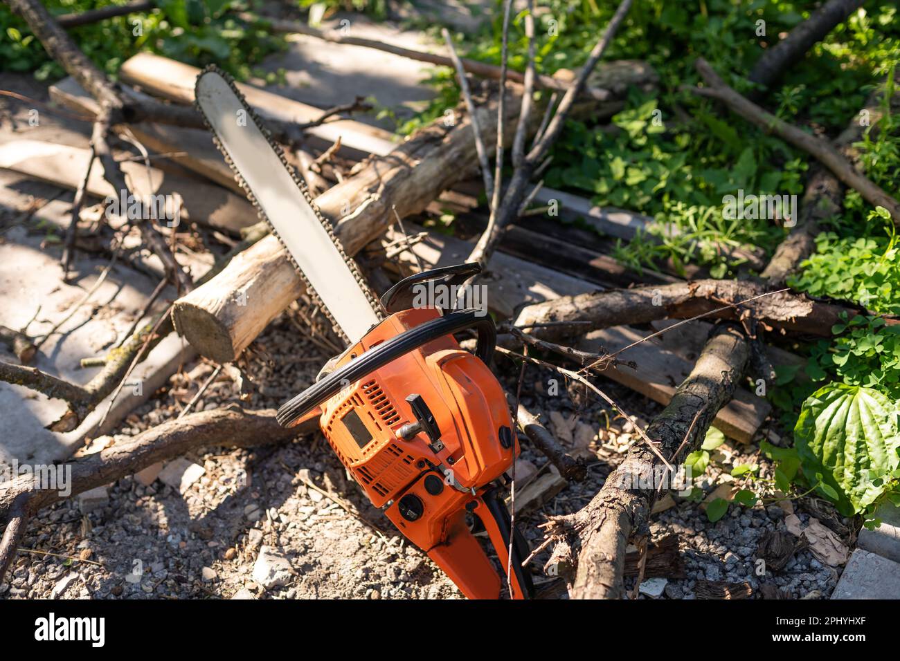 Chainsaw that stands on a heap of firewood in the yard on a beautiful ...