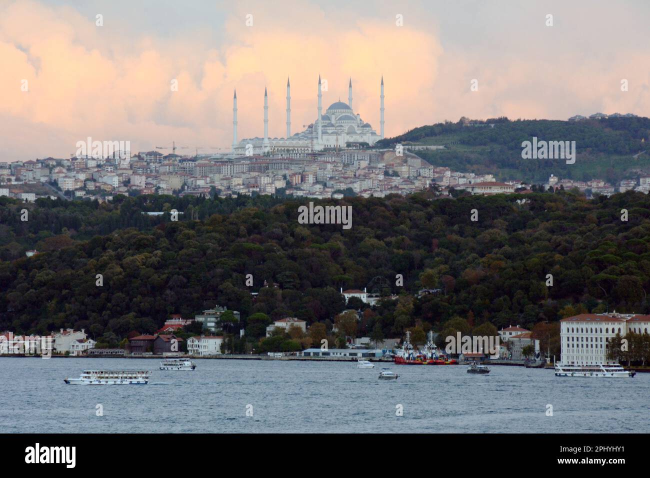 Passenger ferry boats travelling across the Strait of Bosphorus, near ...