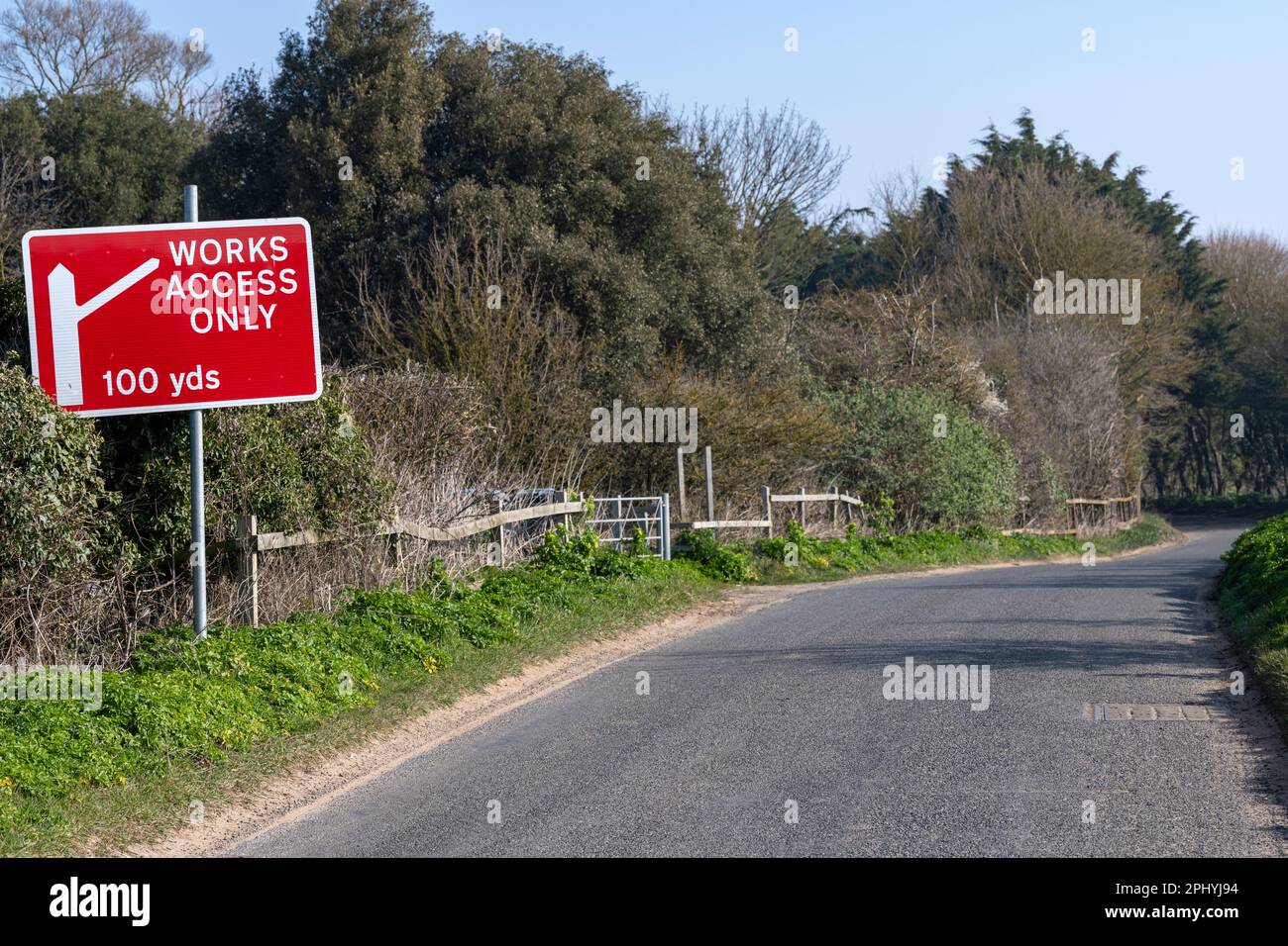 Works Access Only road sign on the B1083 Bawdsey Suffolk UK Stock Photo ...