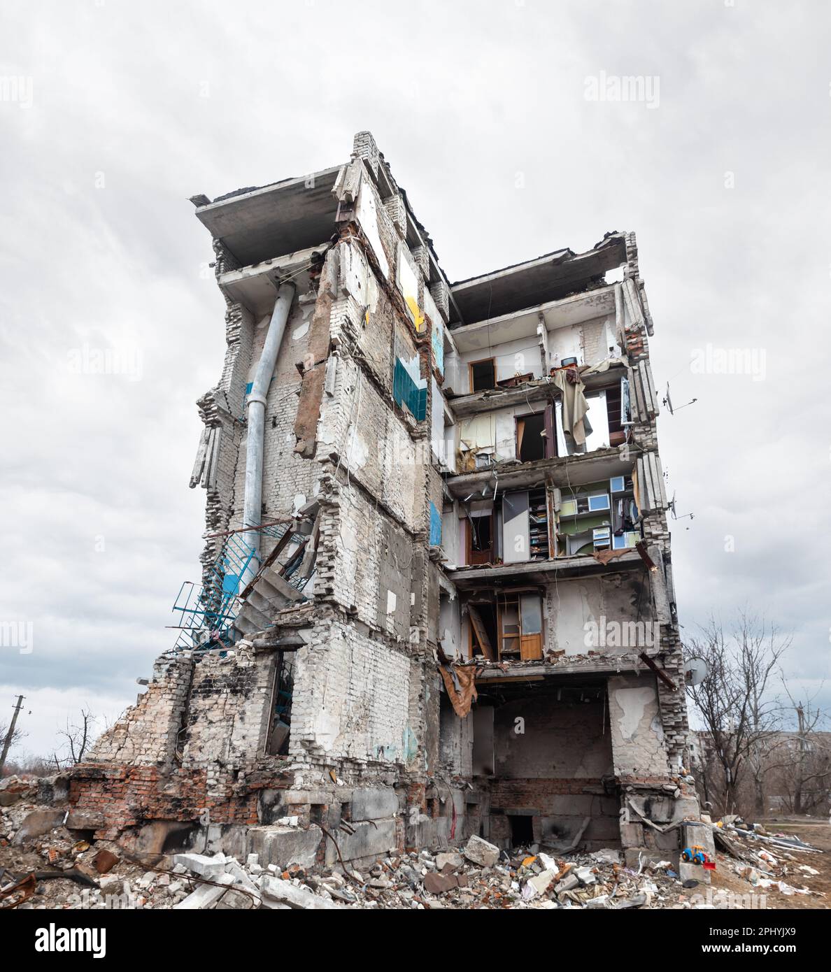 An apartment block destroyed in an explosion caused by rocket fire in ...