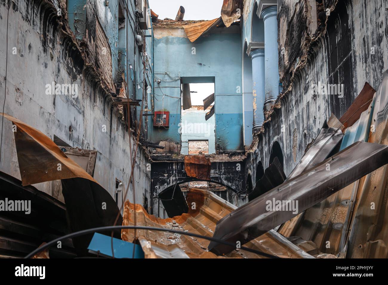 A view to the interior of a house destroyed by explosions in Izyum ...