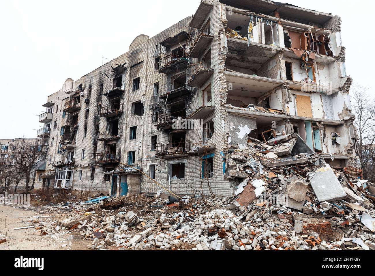 View of an apartment block destroyed in an explosion caused by rocket ...